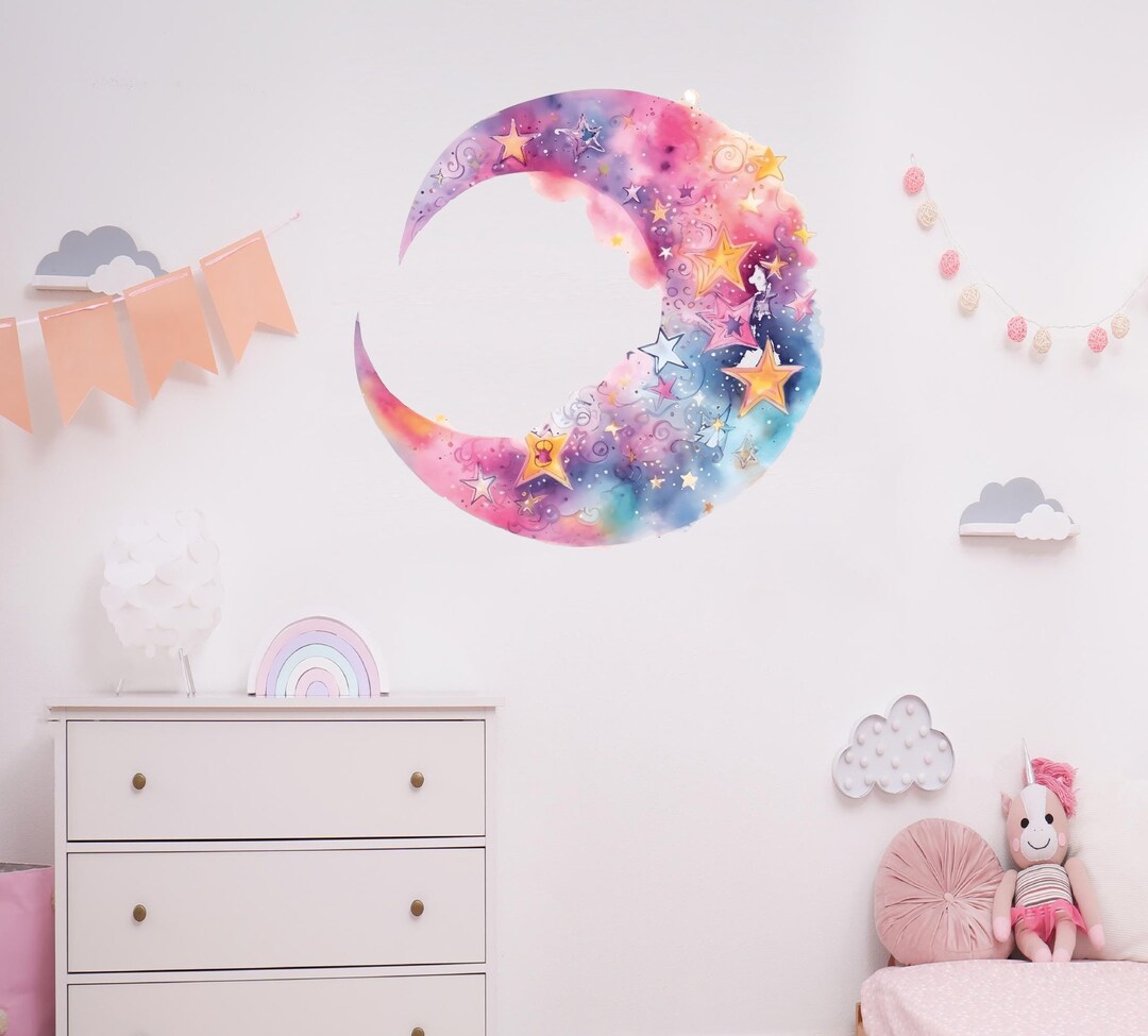 Celestial Moon and Stars Watercolor Wall Decal - Magical Clouds and Sky ...