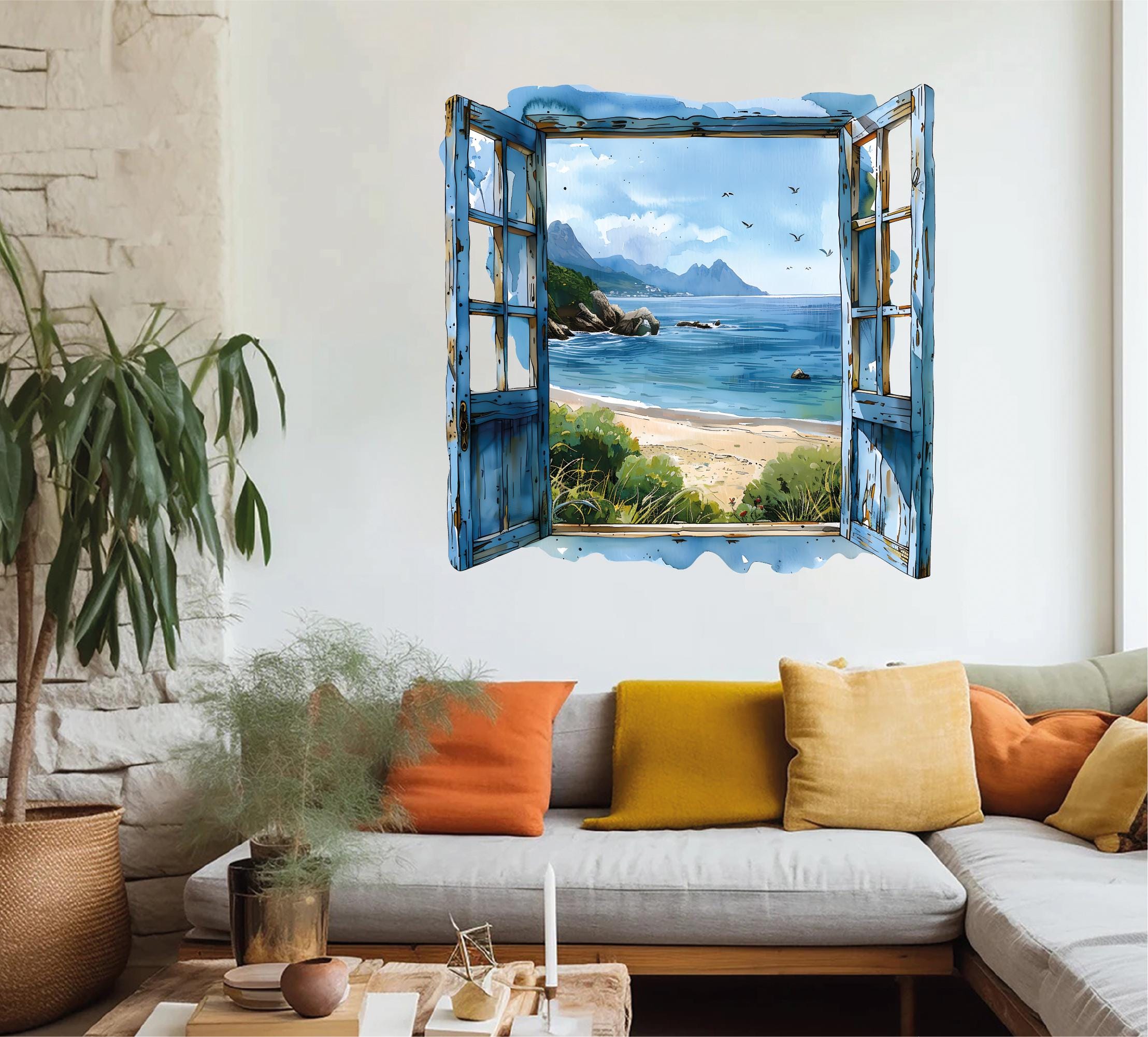 Tropical Beach Wall Art Decal Ocean Wooden Window View Mountain Sea ...
