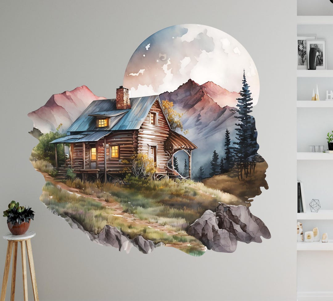 Watercolor Cabin in the Woods Wall Decal - Dreamy Mountains, Clouds ...