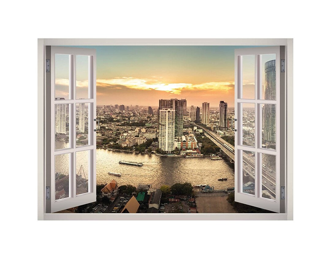 City Buildings View Window 3D Wall Decal Art Removable Wallpaper ...