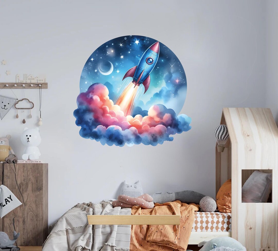 Watercolor Rocket Space Wall Sticker - Outer Space Wall Art ...