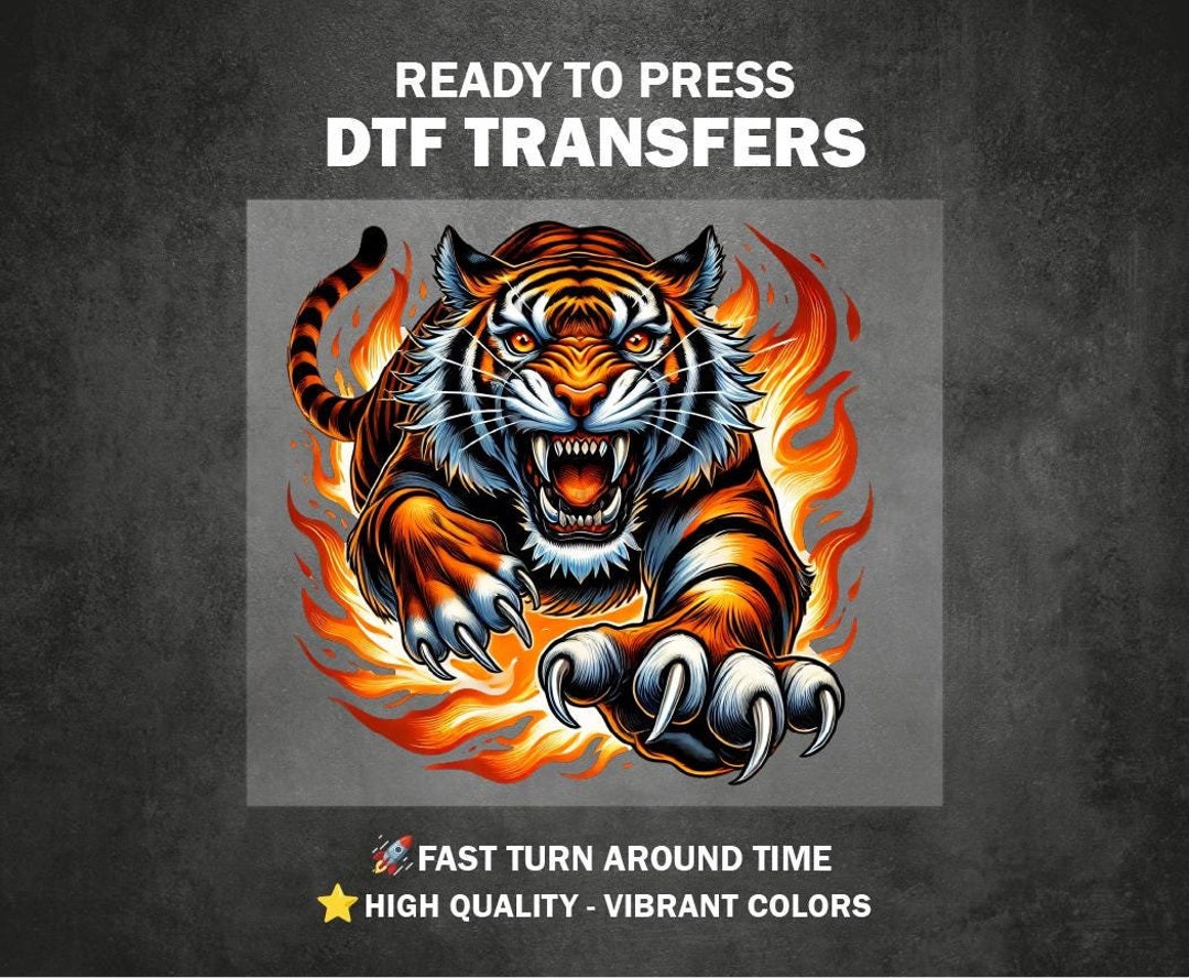 Fiery Tiger DTF Transfer, Tigers Mascot DTF Transfers Ready to Press ...