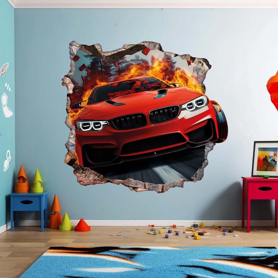 Racing Car Wall Sticker, Fire Car 3D Wall Decals, Kids Boys Bedroom ...