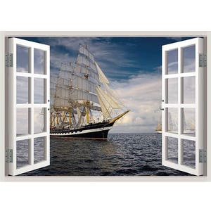 Boat Ocean View Window 3D Wall Decal Art Removable Wallpaper Sailing ...