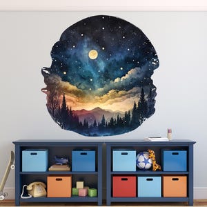 Watercolor Clouds Moon Stars Mountains Wall Decal - Magical Forest and ...