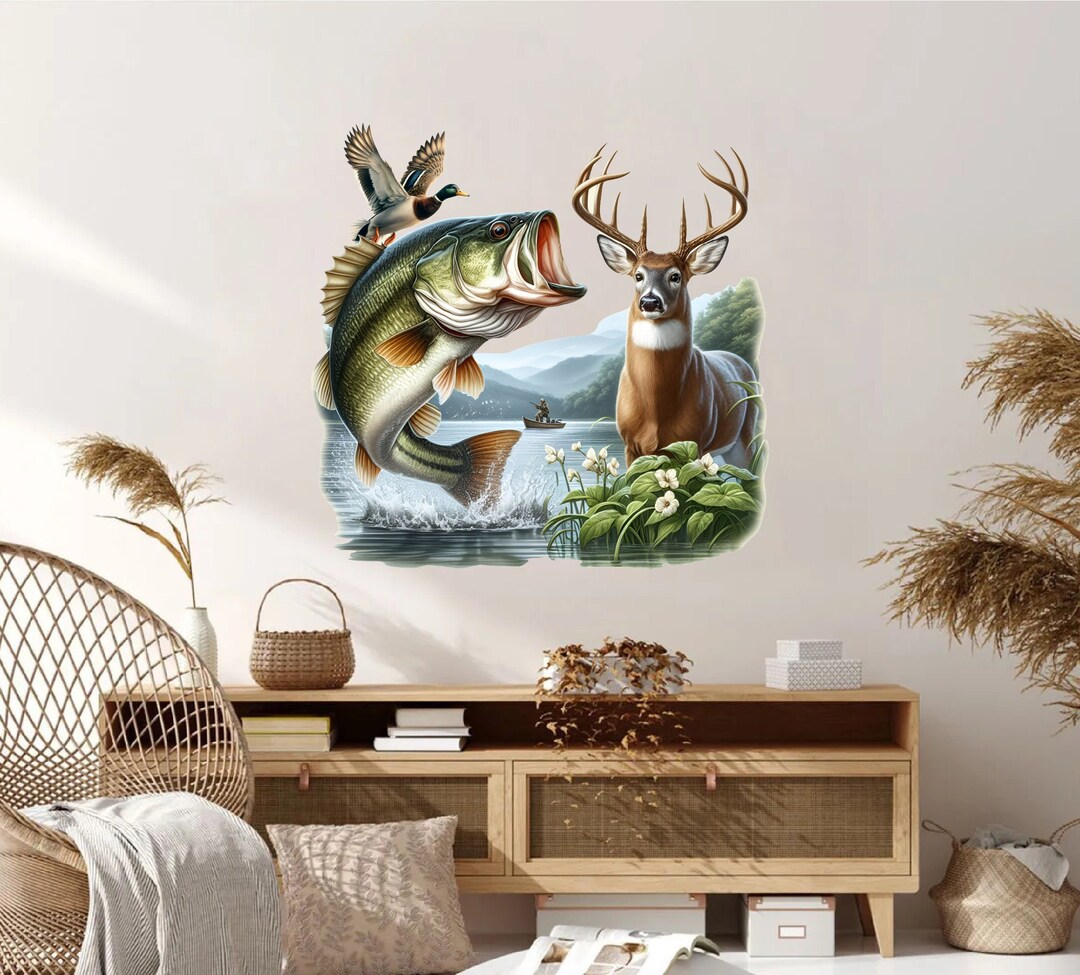 Bass Fish Hunting Wilderness Art - Majestic Deer and Duck Scene ...