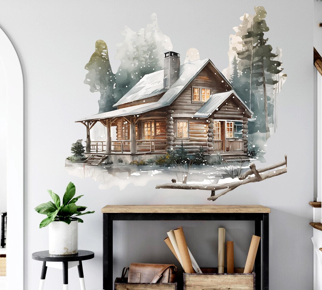 Watercolor Cabin Wall Sticker - Winter Forest Theme Wall Decor ...