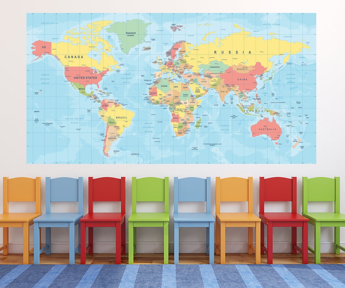 World Map Wall Art Decal Poster Kids Playroom Classroom | Etsy