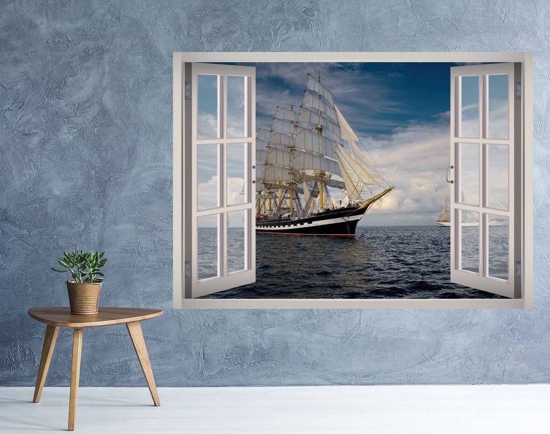 Boat Ocean View Window 3D Wall Decal Art Removable Wallpaper Sailing ...