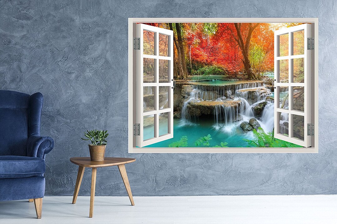 Natural Waterfall Forest Landscape View Window 3D Wall Decal Art ...
