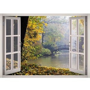 Rainy Nature Lake Window 3D Wall Decal Art Removable Wallpaper Autumn ...