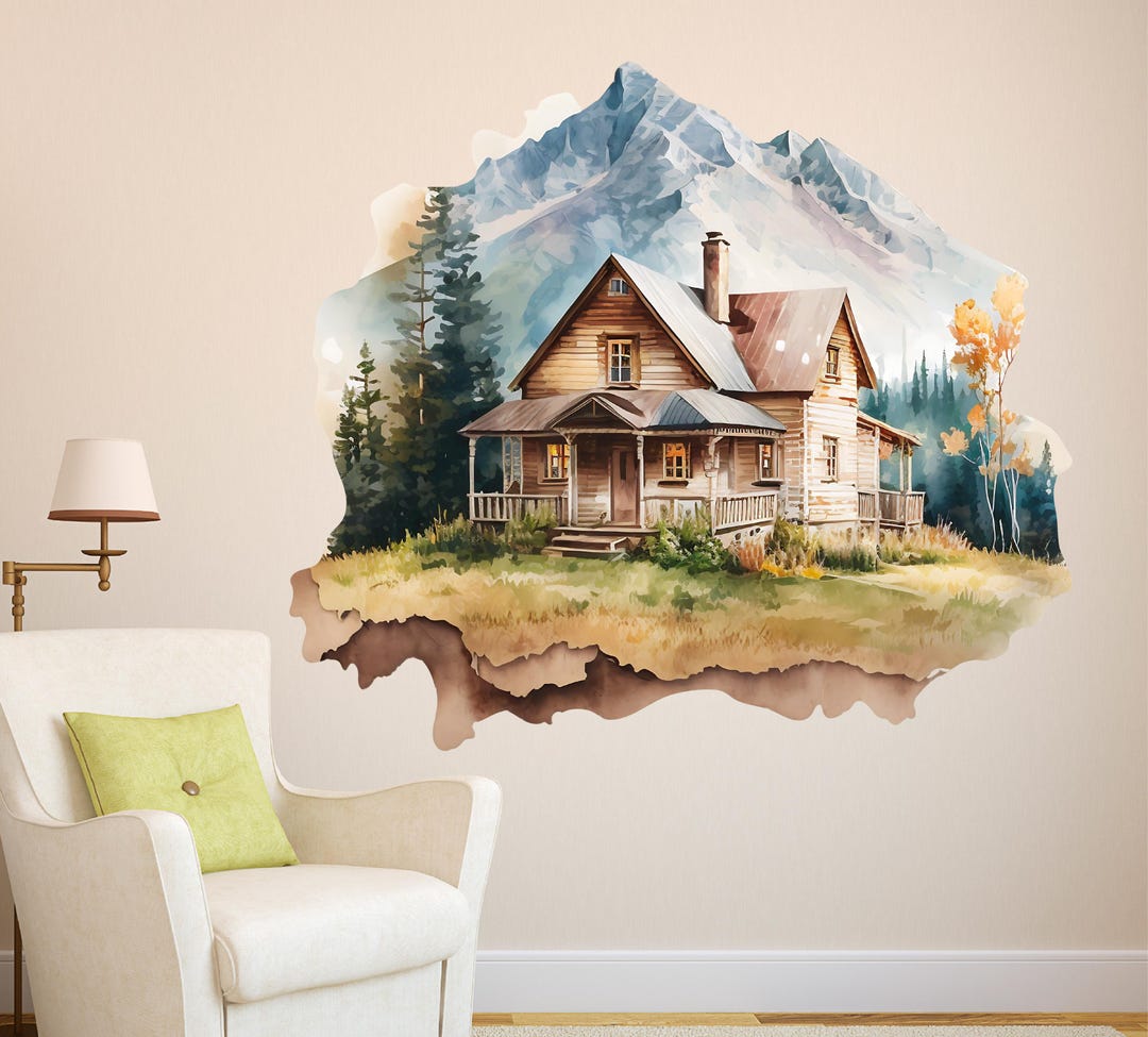 Mountain Cabin in the Woods Watercolor Wall Art - Mountains, Clouds ...