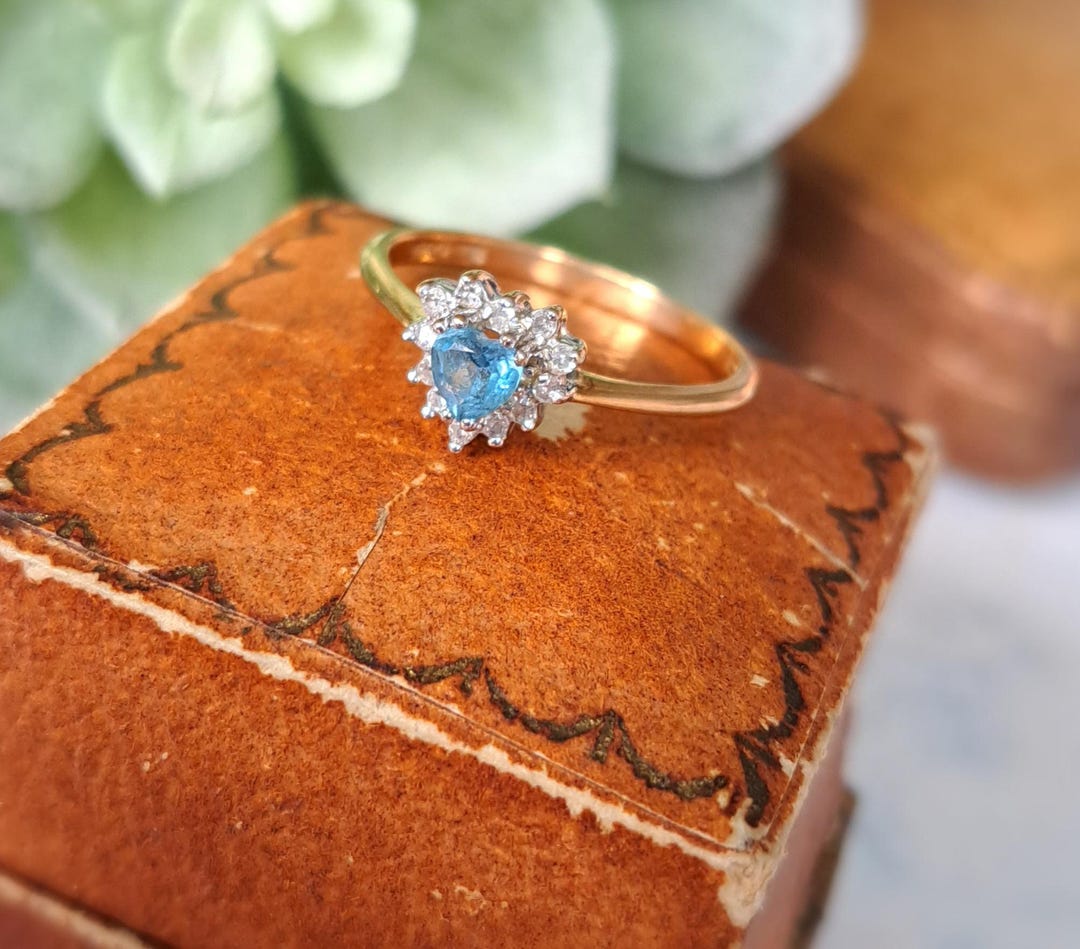 Vintage 9ct Gold, Blue Topaz & Diamond Heart Ring. Size P (US 8) Free ...