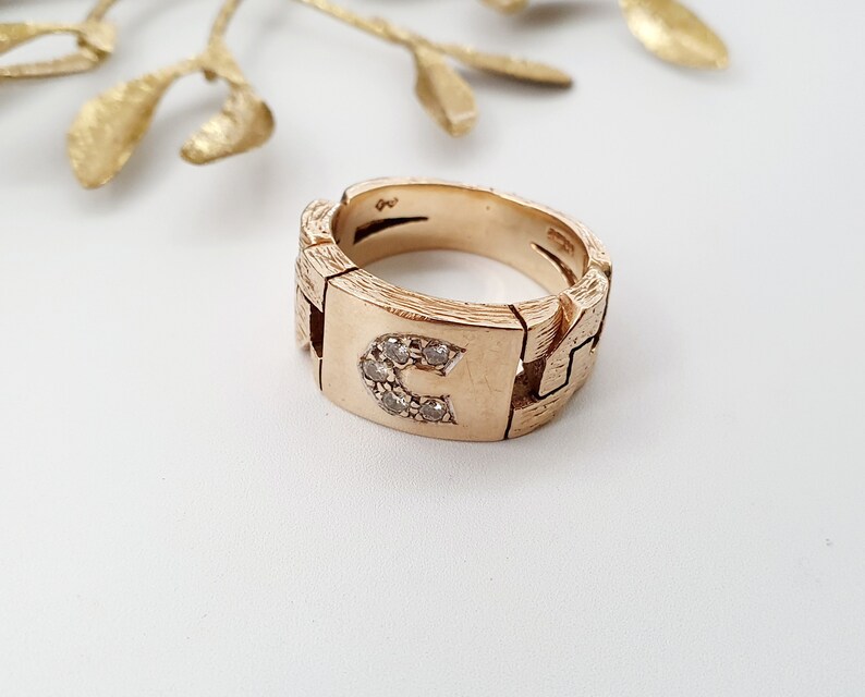 Vintage 9ct Gold & Diamond Very Heavy 17.2g Initial C Ring. - Etsy
