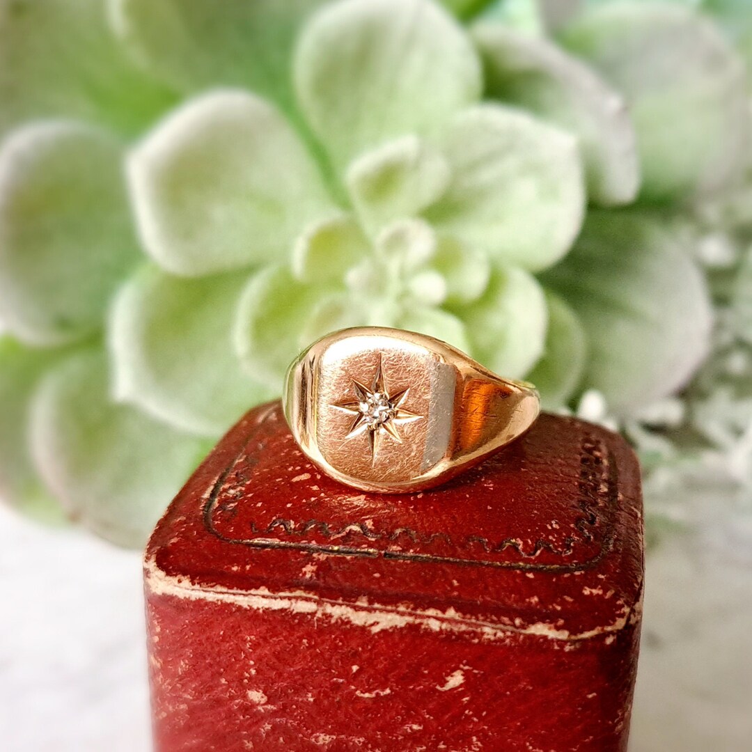Vintage 9ct Gold & Diamond Starburst Signet Ring. Size T. Hallmarked 1957. Free Resizing. Solid ...