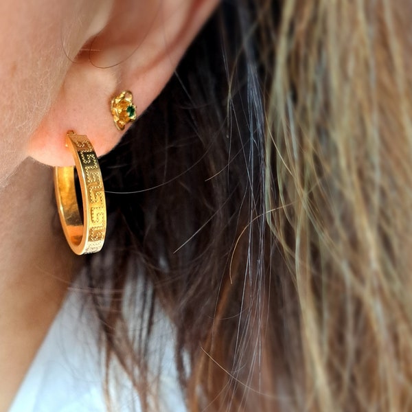 Solid Gold Greek Key Hoops - Etsy