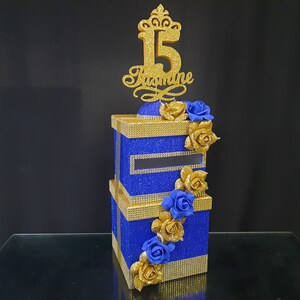 Card Box Royal Blue and Gold Roses, Two-story Cardbox, Box for Cards ...