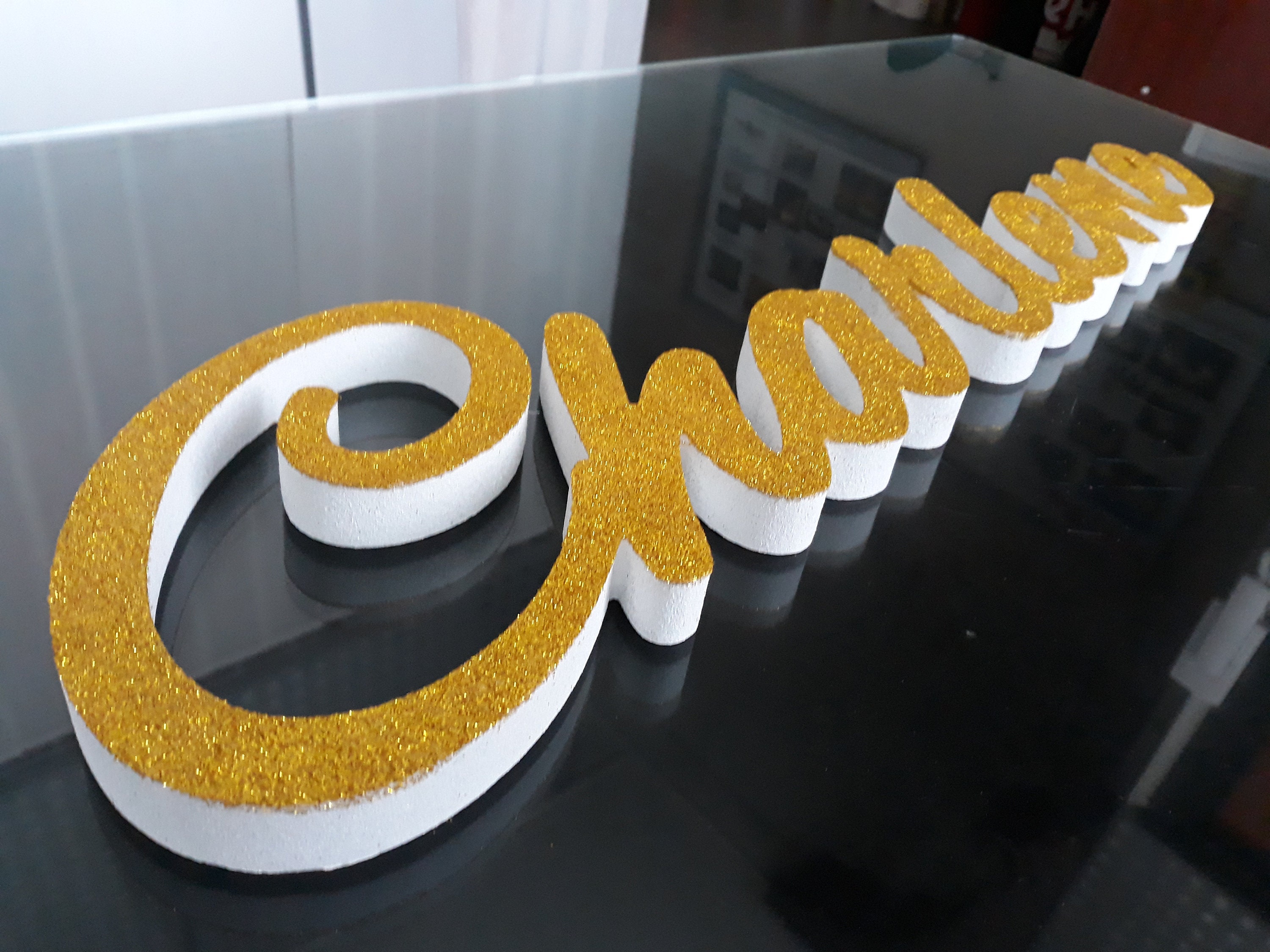 White color custom name 3D Charlene gold glitterfoam letters | Etsy
