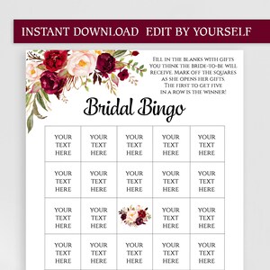 EDITABLE Bridal Shower Bingo Template Printable Personalized Custom ...