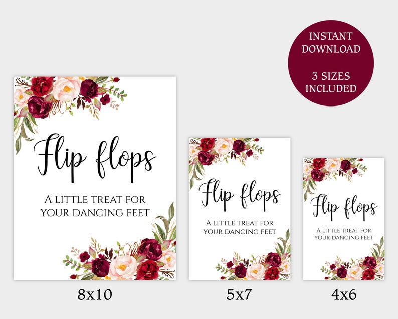 Flip flop sign for Wedding Floral printable Flip flops signs | Etsy