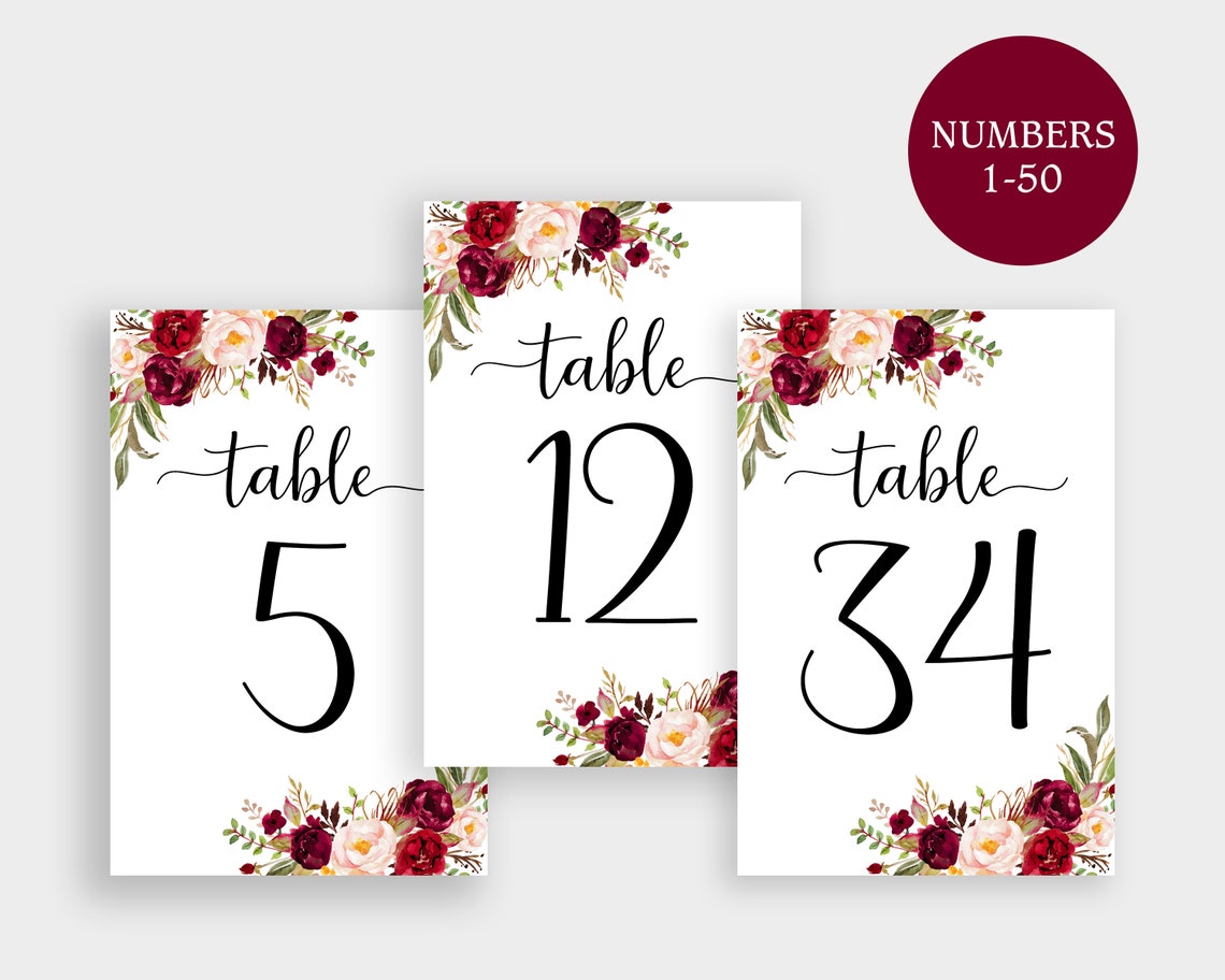 Burgundy Table Numbers 1-50 Printable Table Number 4x6 Cards - Etsy
