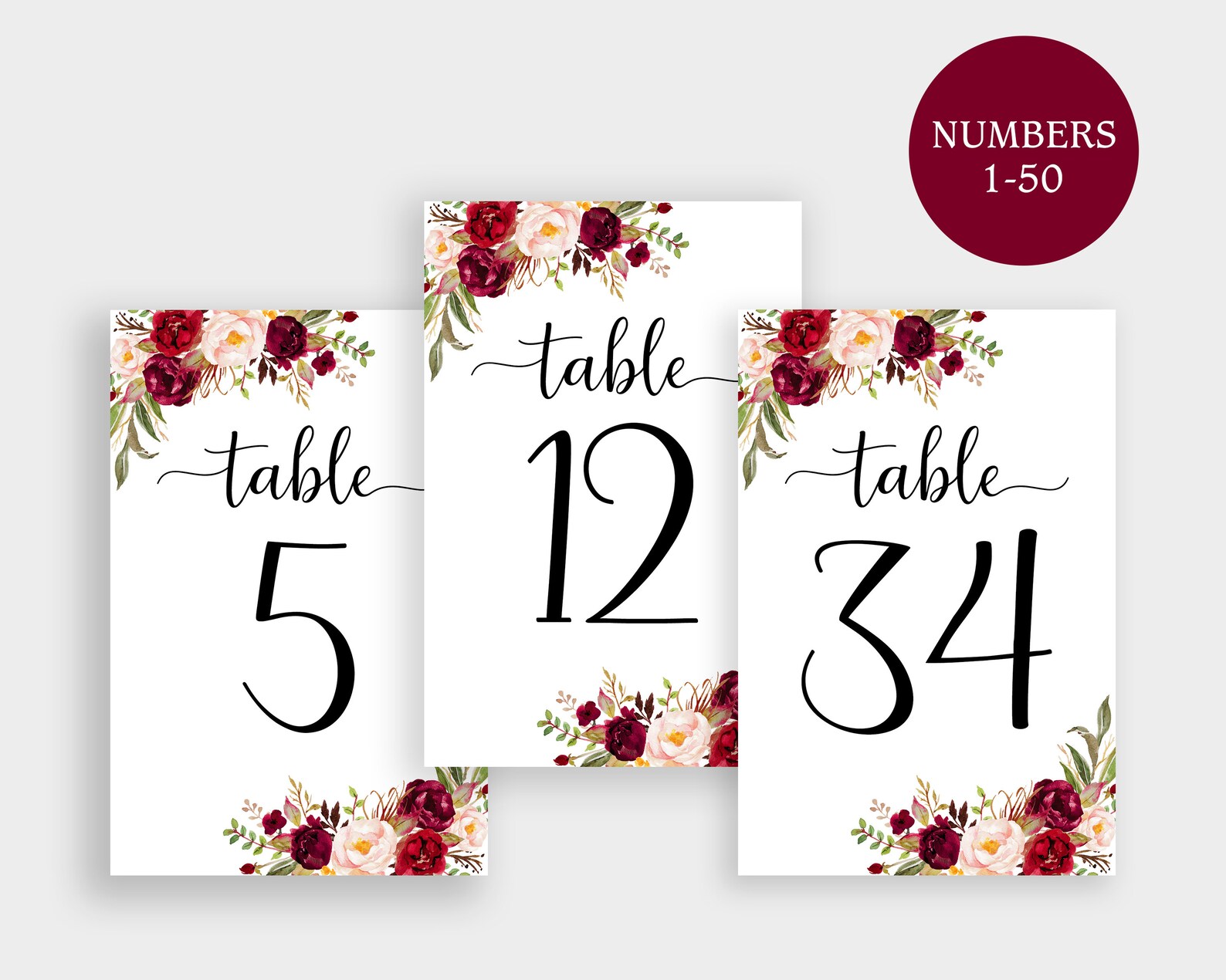 Burgundy Table Numbers 1-50 Printable Table Number 4x6 Cards | Etsy