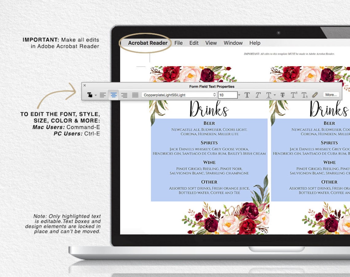 Printable Wedding Drink Menu Template Editable PDF Floral - Etsy