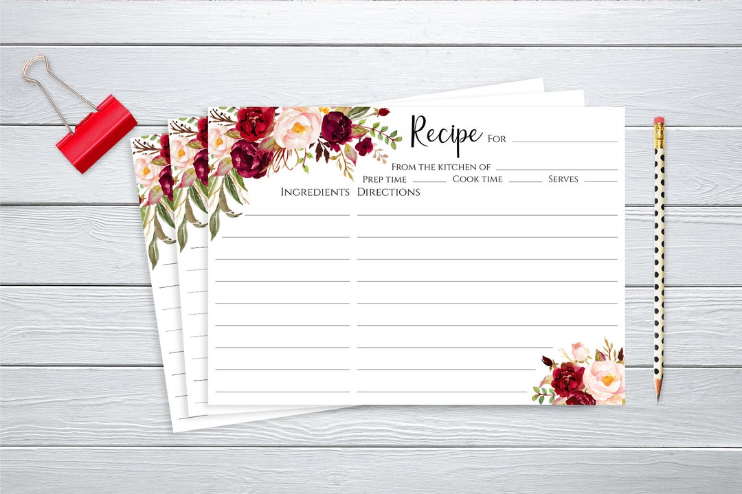 Recipe Cards 5x7 Template Printable Burgundy Two Sided Recipe Card for ...