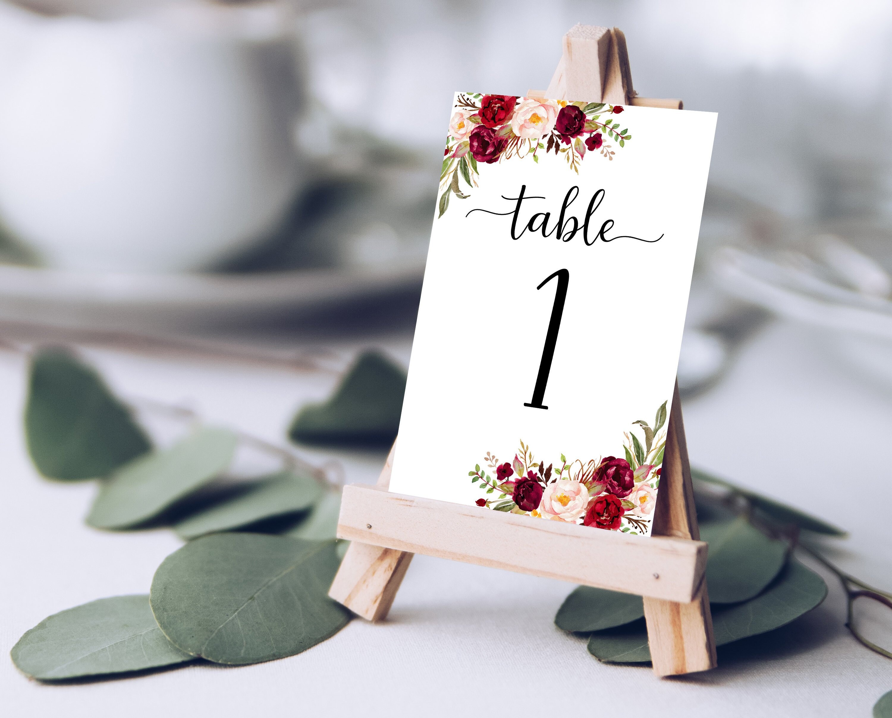 Burgundy Table numbers 1-50 Printable Table number 4x6 cards | Etsy