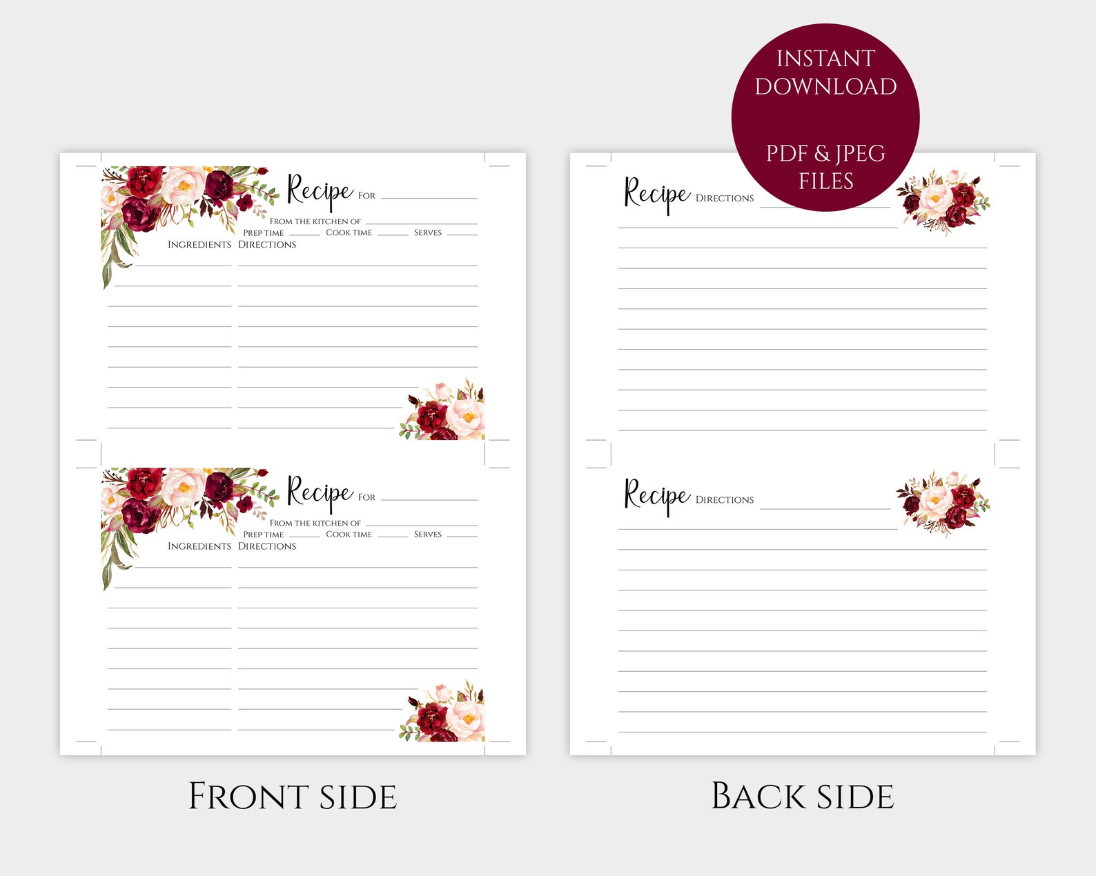 Recipe Cards 5x7 Template Printable Burgundy Two Sided Recipe Card for ...