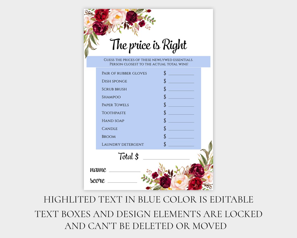 The Price is Right EDITABLE game template Customized Bridal | Etsy