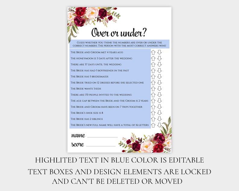 Over or Under EDITABLE Game Template Floral Printable Custom | Etsy