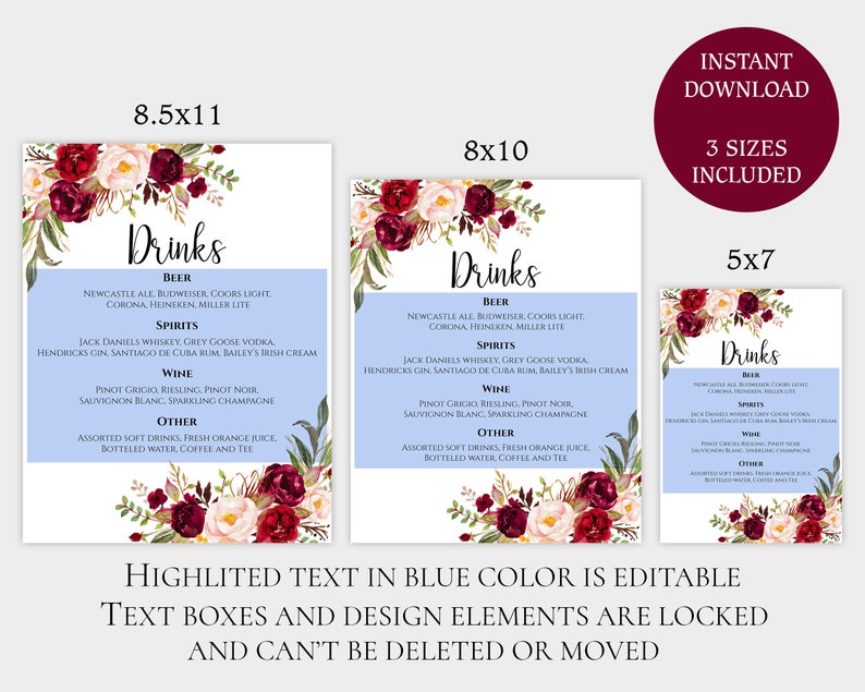 Printable Wedding Drink Menu Template Editable PDF Floral - Etsy
