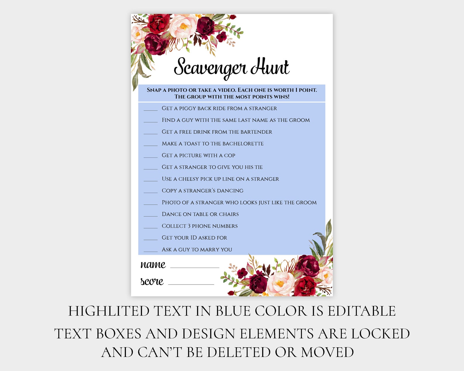 Bachelorette Scavenger Hunt EDITABLE Game Template Printable | Etsy
