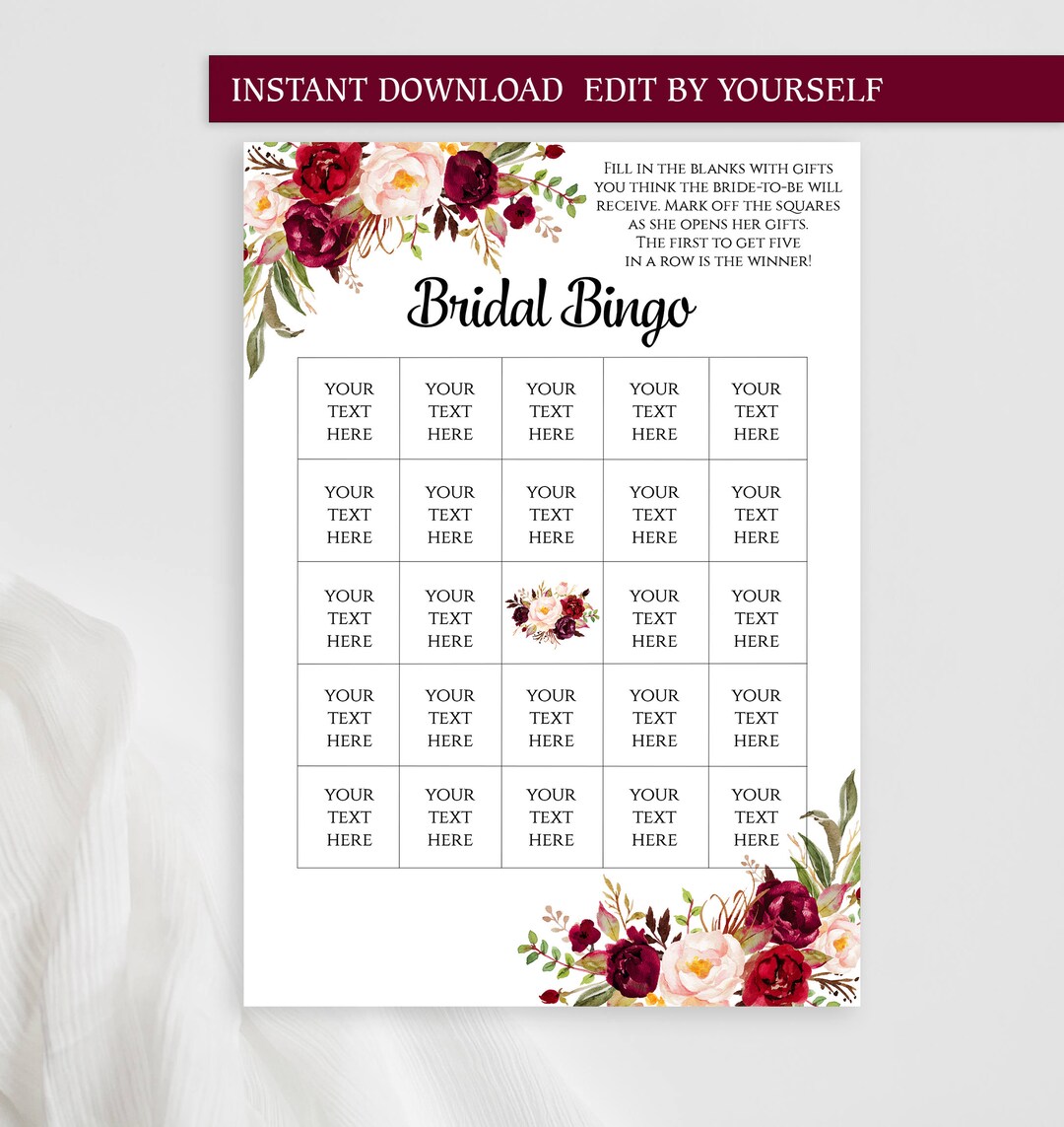 EDITABLE Bridal Shower Bingo Template Printable Personalized Custom ...