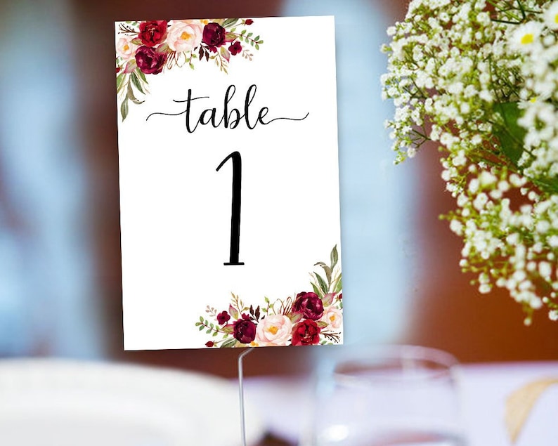 Burgundy Table Numbers 1-50 Printable Table Number 4x6 Cards | Etsy