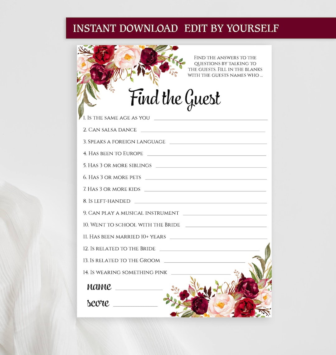 Find the Guest Game, EDITABLE, Printable Floral Bridal Shower Games ...
