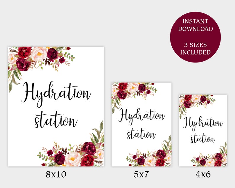Hydration station sign Printable burgundy Wedding beverage | Etsy
