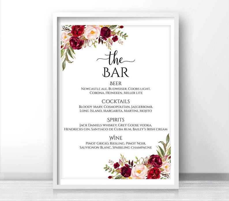 Printable Wedding Bar Sign EDITABLE Template Floral the Bar - Etsy