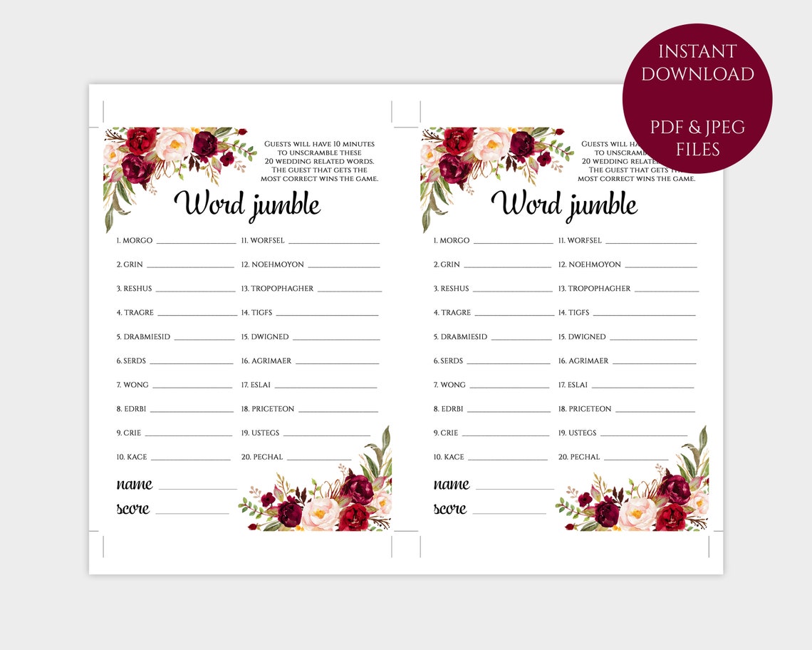 Word Jumble Game Printable Template Marsala Bridal Shower - Etsy