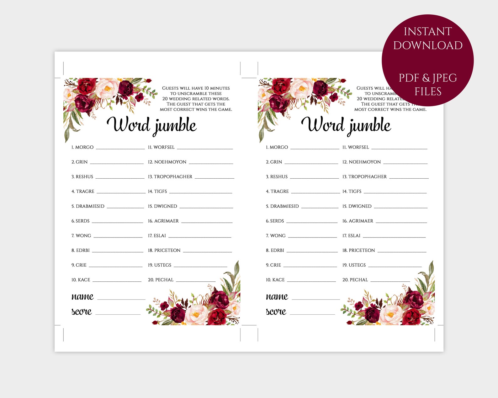 Word Jumble Game Printable Template Marsala Bridal Shower - Etsy