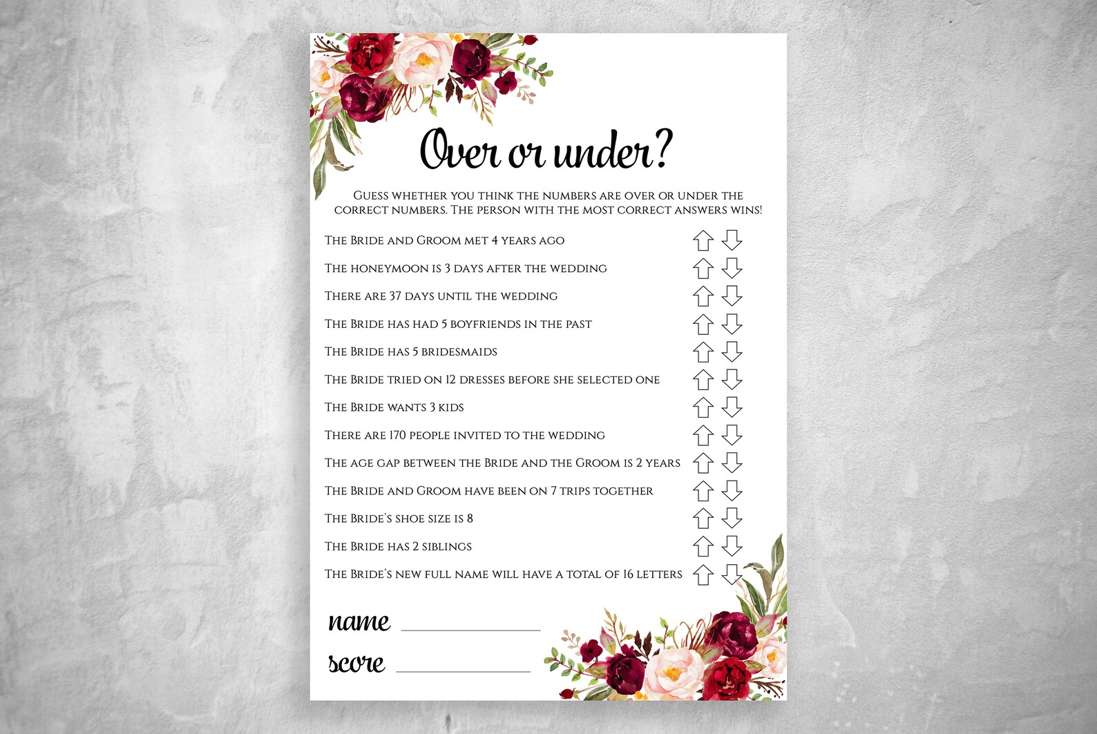 Over or Under EDITABLE Game Template Floral Printable Custom | Etsy