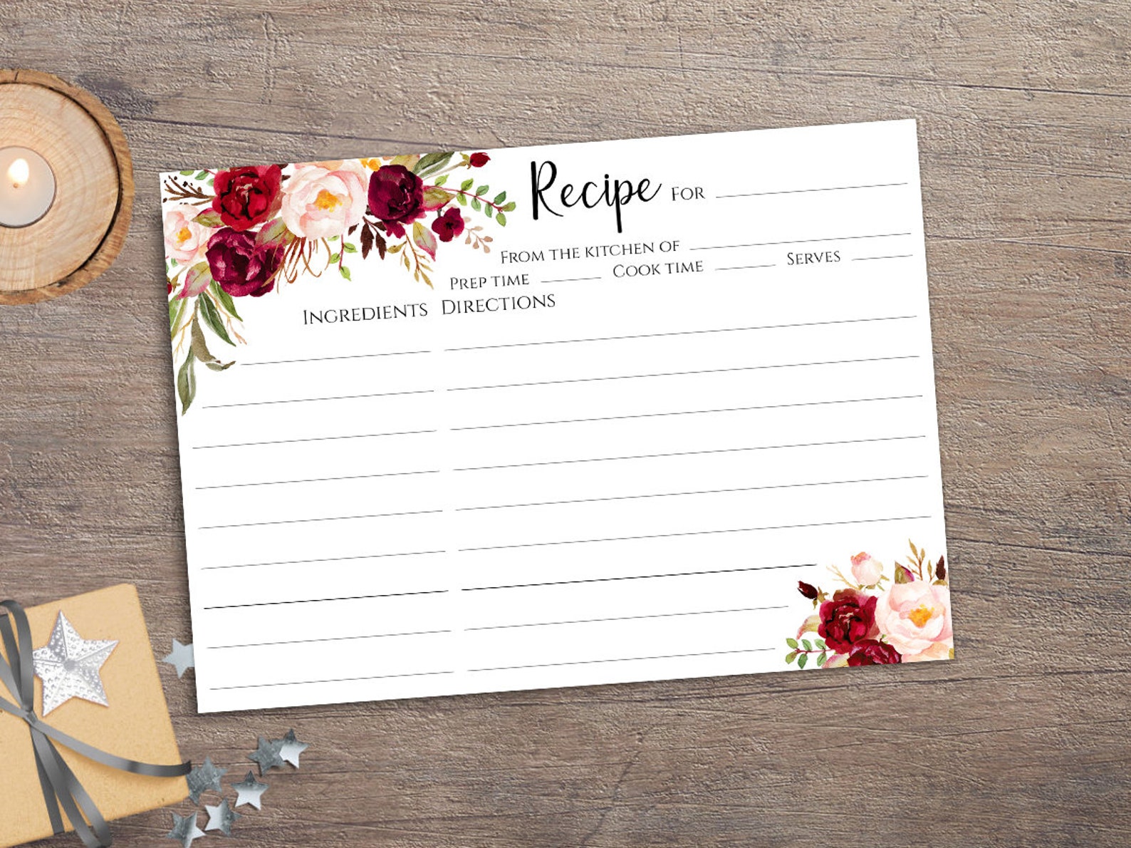 Recipe Cards 5x7 Template Printable Burgundy Two Sided Recipe Card for ...