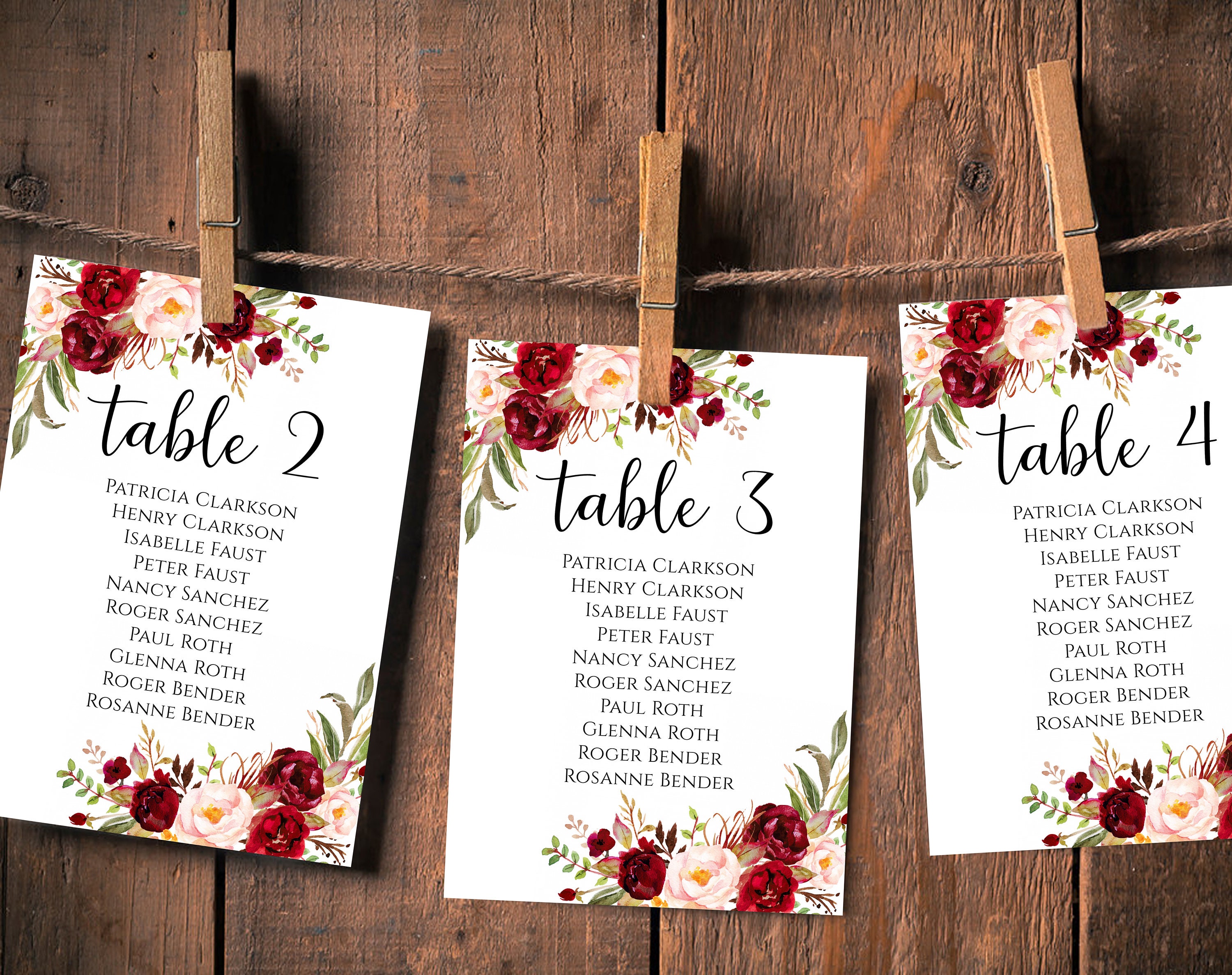 Fall Wedding Seating Chart Cards Burgundy Seating Chart | Etsy