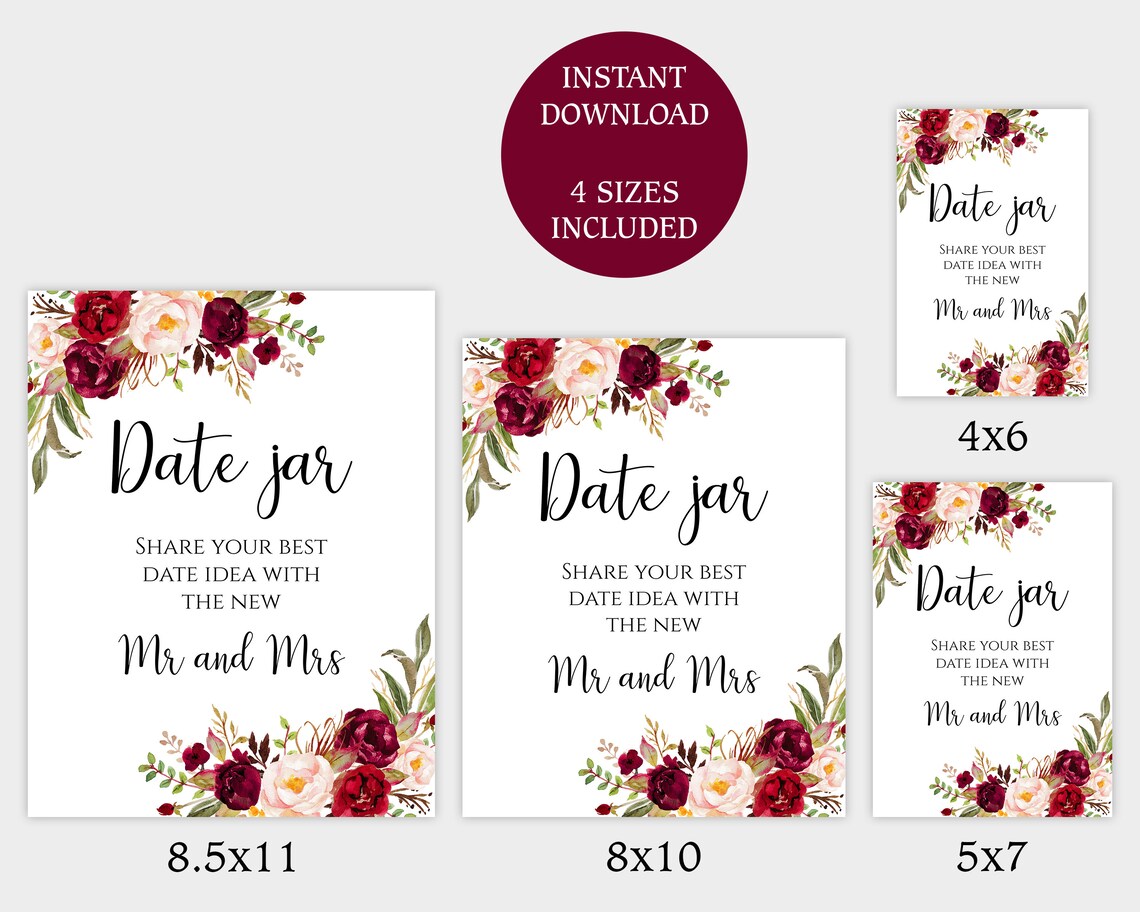 Date Jar Sign Printable Floral Date Night Ideas Sign Bridal | Etsy