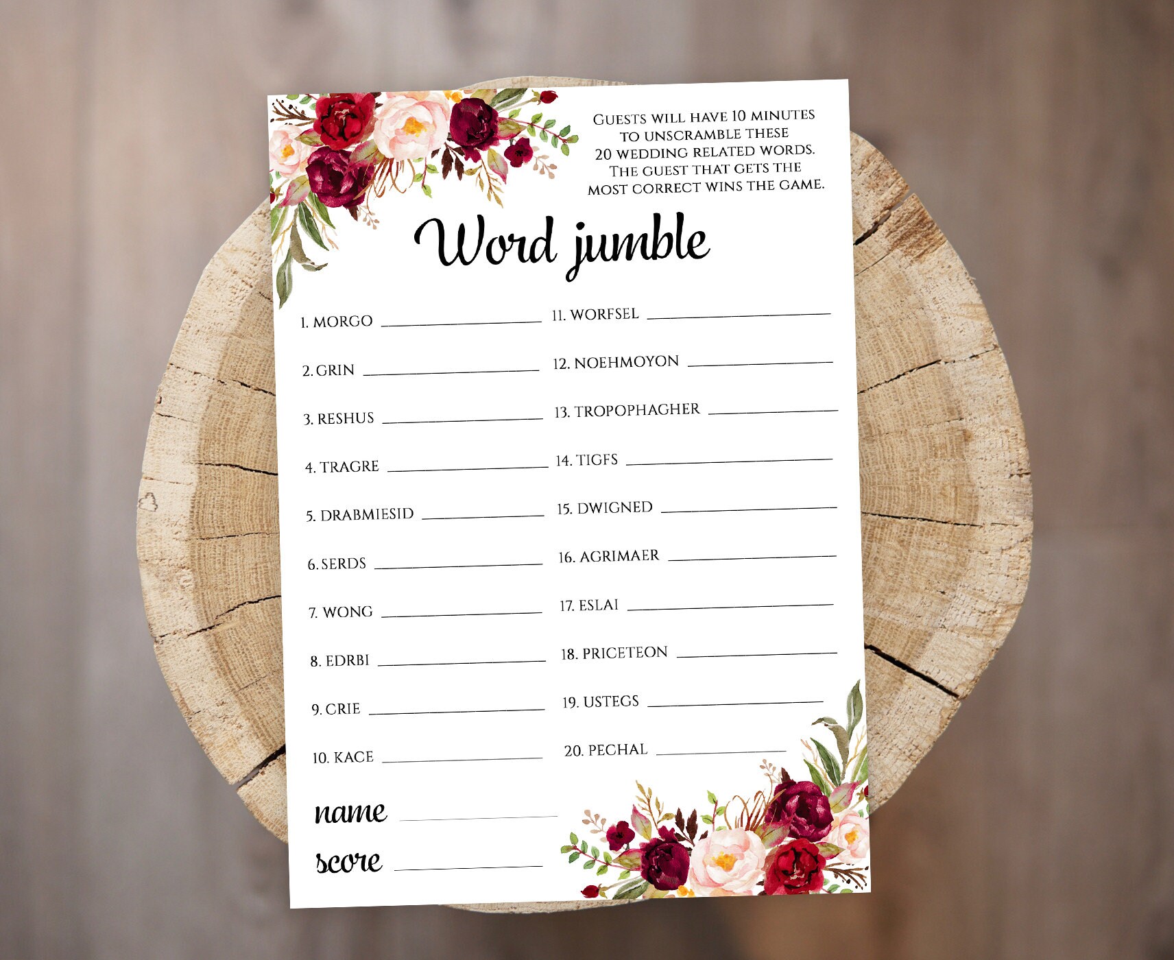 Word Jumble Game Printable Template Marsala Bridal Shower - Etsy