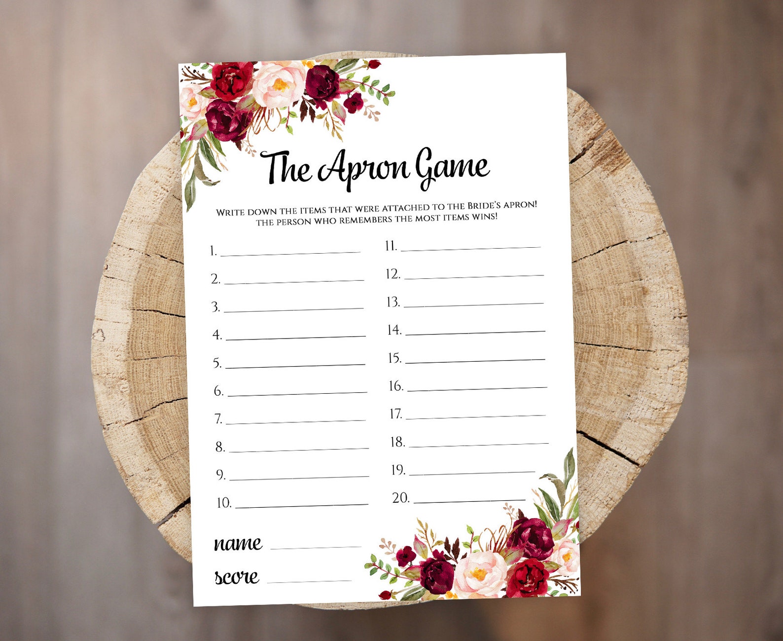 The Apron Game Printable Template Floral Bridal Shower Tea | Etsy