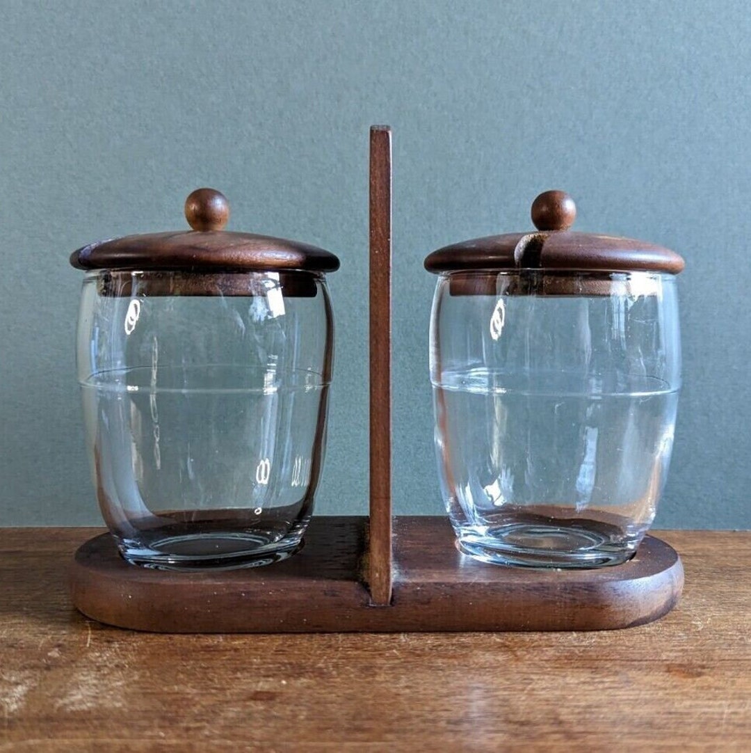 Vintage Mid Century Dark Wood Sauce Condiment Caddy Jars Kitchen Dining ...