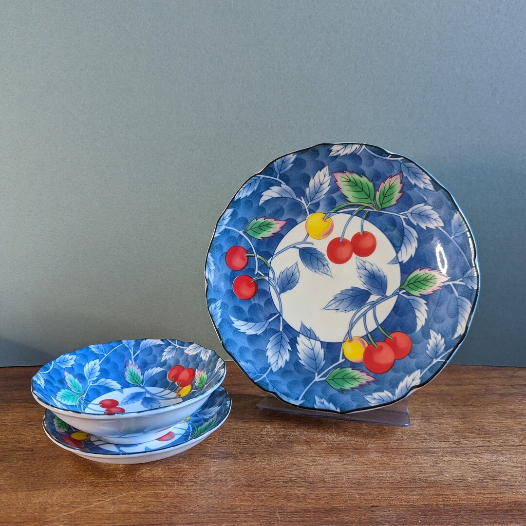 Vintage Japan Gen-emon Porcelain Cherry Plate Bowl Dish Set 80s Rare ...