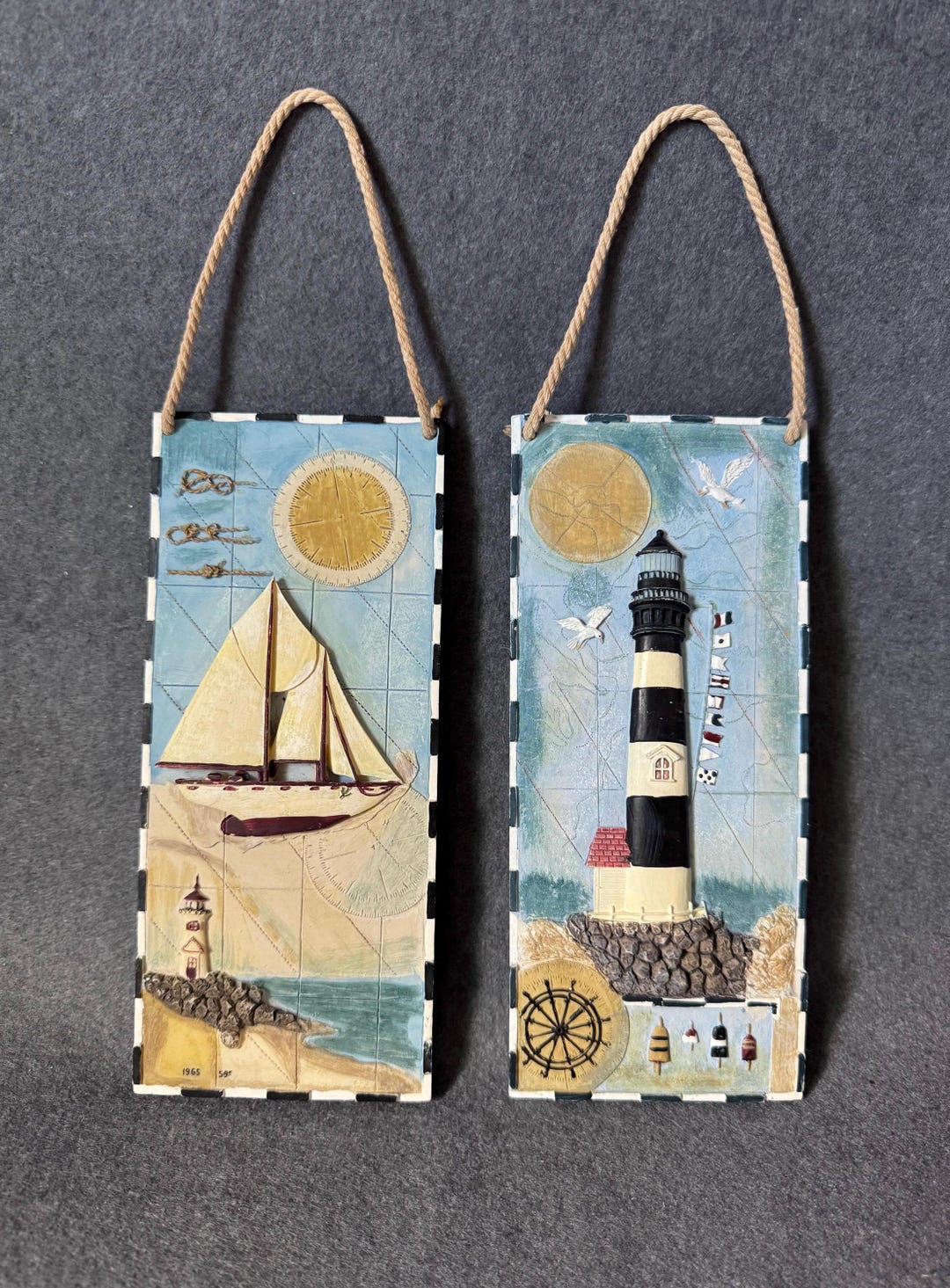 Pair 3D Ceramic Coastal Rope Wall Hanging Art Plaques, Nautical Themed ...